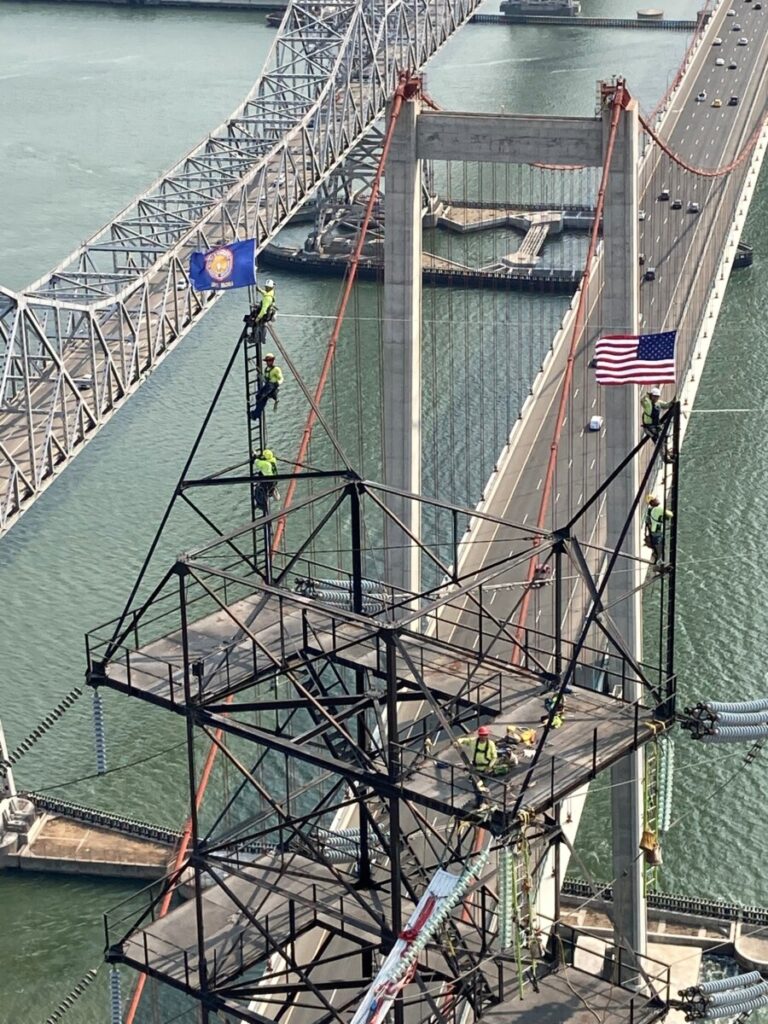 IBEW Crew Hangs Local 1245 Flag Over Zampa (Carquinez) Bridge
