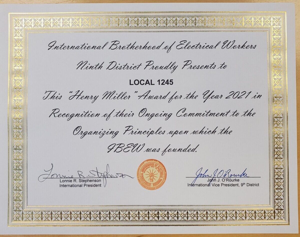 Local 1245 Receives Numerous Awards from IBEW 9th District