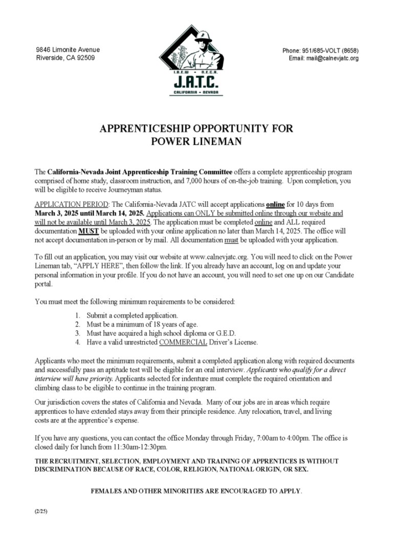 Job Opportunity: JATC Apprenticeship Opportunity for Power Lineman