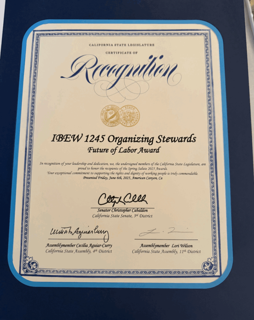 IBEW 1245 Organizing Stewards Honored at Napa-Solano Labor Council Gala